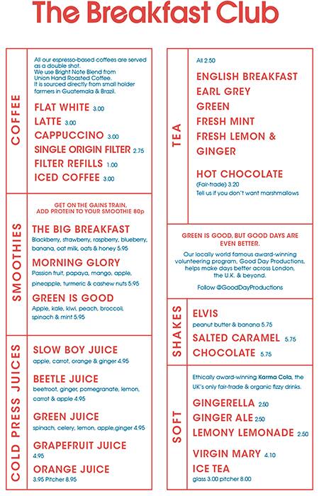Menu at The Breakfast Club, London, 33 D'Arblay St