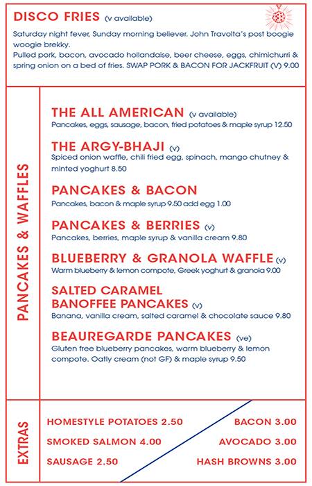 Menu at The Breakfast Club, London, 33 D'Arblay St