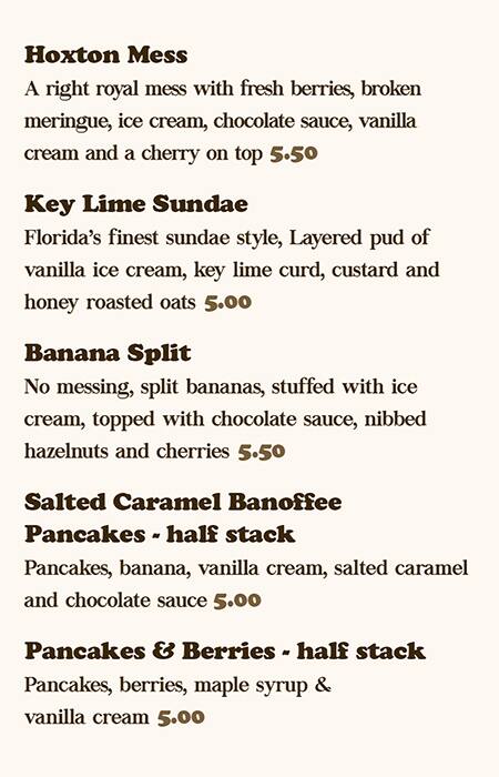 Menu at The Breakfast Club, London, 33 D'Arblay St