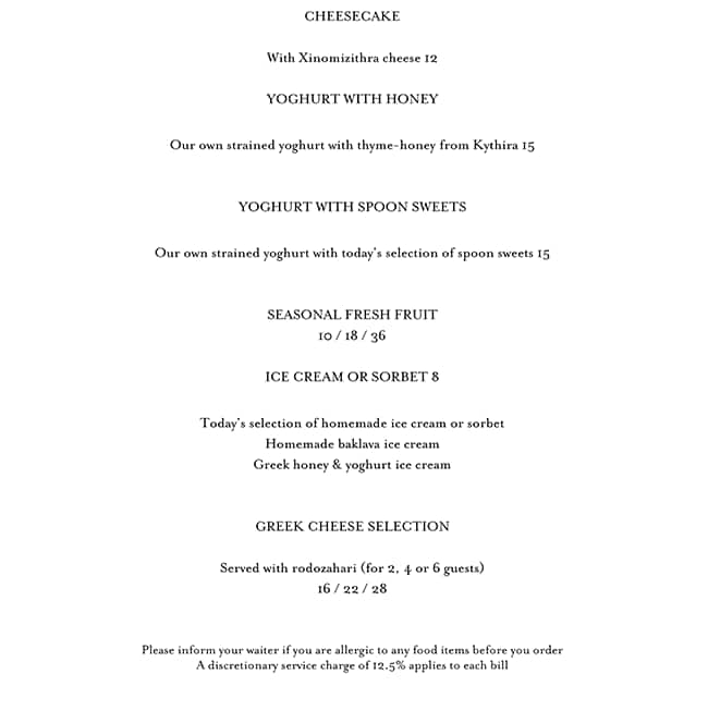 Menu at estiatorio Milos restaurant, London, 1 Regent Street Saint James's