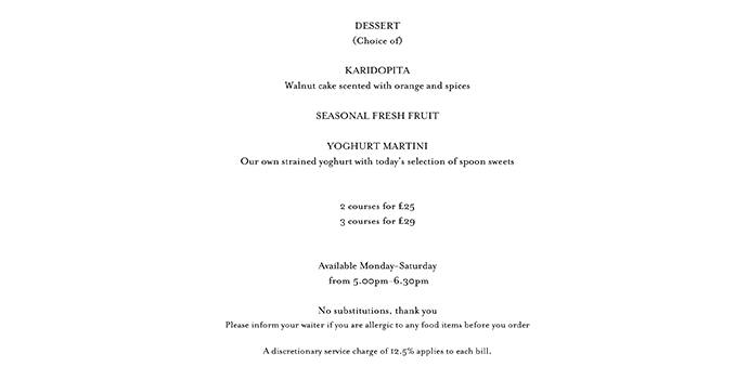 Menu at estiatorio Milos restaurant, London, 1 Regent Street Saint James's