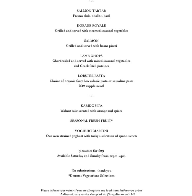 Menu at estiatorio Milos restaurant, London, 1 Regent Street Saint James's