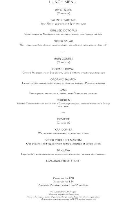 Menu at estiatorio Milos restaurant, London, 1 Regent Street Saint James's