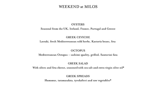Menu at estiatorio Milos restaurant, London, 1 Regent Street Saint James's