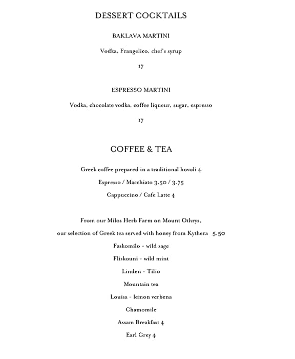 Menu at estiatorio Milos restaurant, London, 1 Regent Street Saint James's