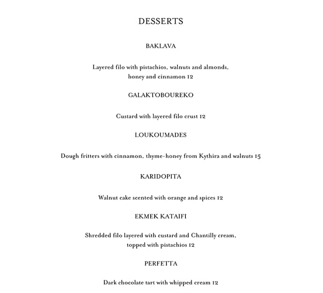 Menu at estiatorio Milos restaurant, London, 1 Regent Street Saint James's