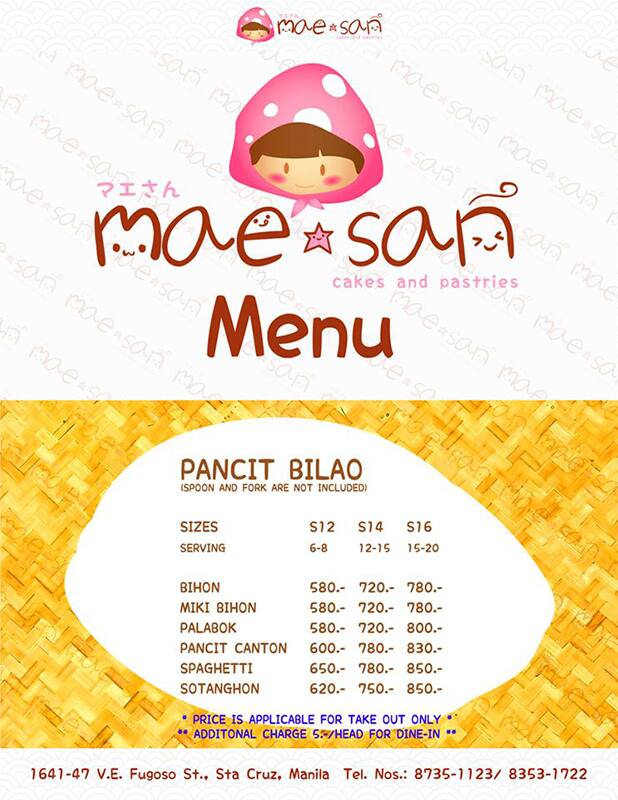 Menu at Mae San Cakes & Pastries restaurant, Manila
