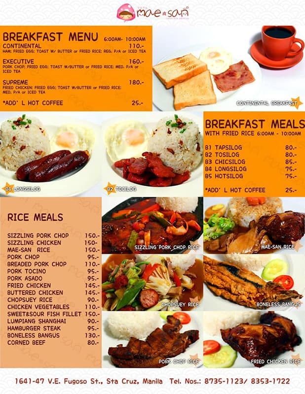 Menu at Mae San Cakes & Pastries restaurant, Manila