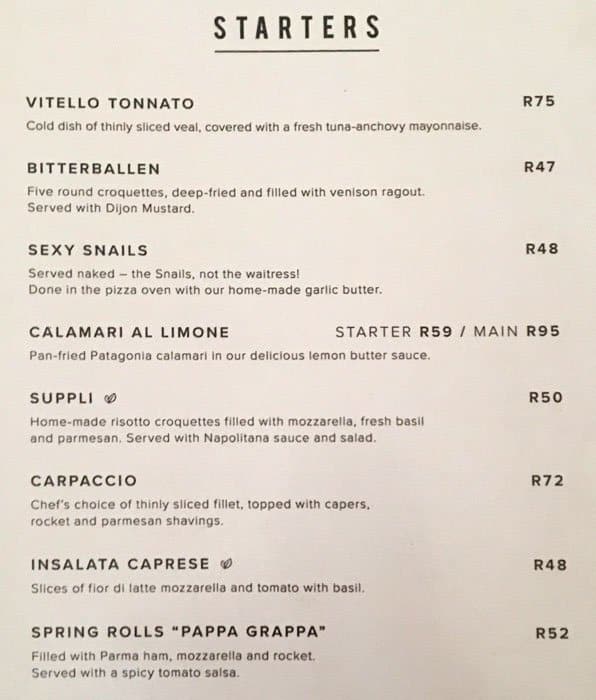 Menu at Ristorante Pappa Grappa restaurant, Paarl