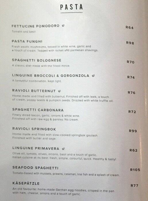 Menu at Ristorante Pappa Grappa restaurant, Paarl