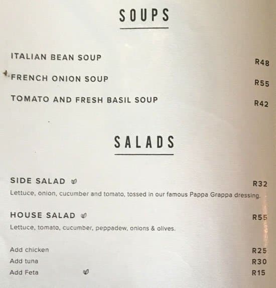 Menu at Ristorante Pappa Grappa restaurant, Paarl