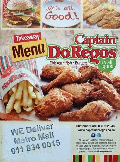 Menu au DoRego's Gold Reef restaurant, Johannesburg