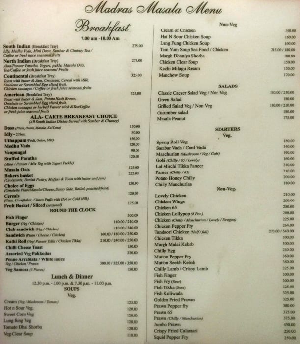 Menu at Madras Masala, Chennai, 37H6+2JQ