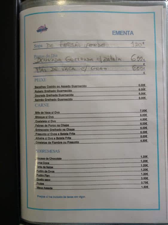 Menu at O Alpendre pub & bar, Portugal, Praçeta das Avencas