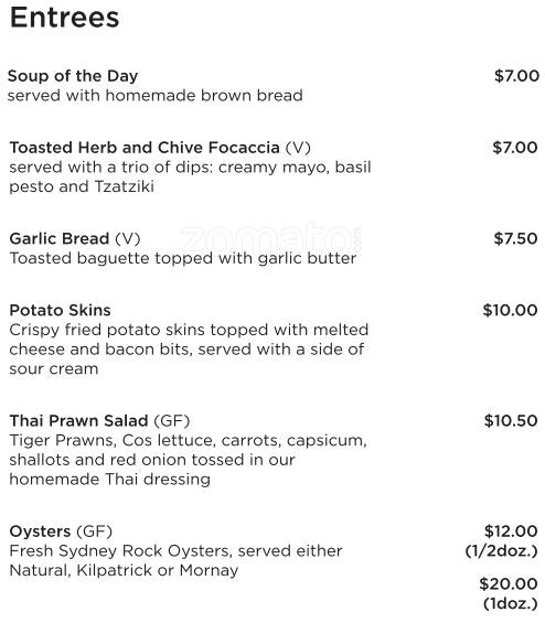 Menu at Bunratty Bistro, Brisbane City