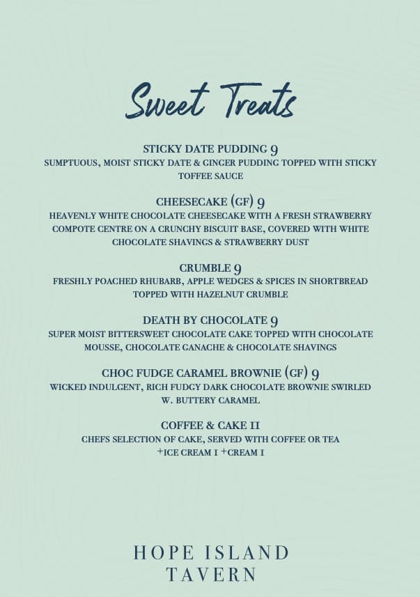 Menu at Hope Island Tavern pub & bar, Hope Island