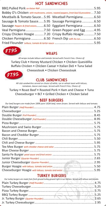 Menu at Bobby O's Deli restaurant, Southampton