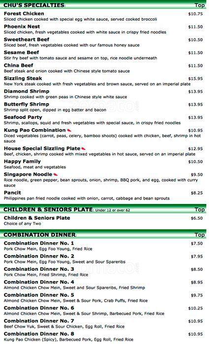 Menu at Chu's Eatery restaurant, Portland