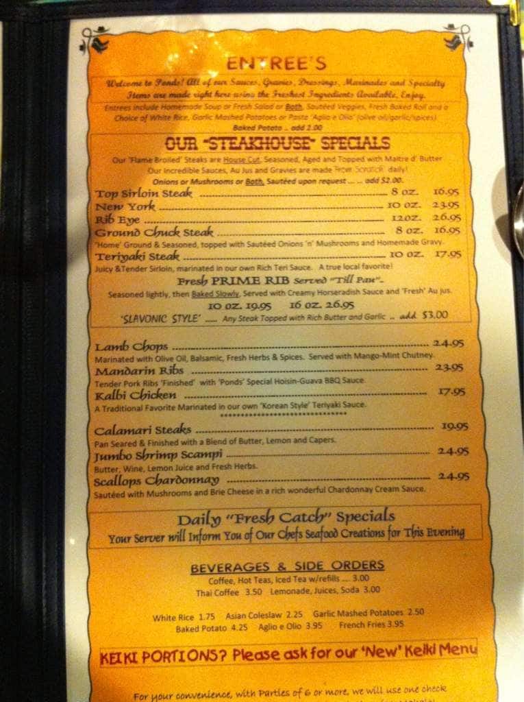 Menu at Ponds Hilo restaurant, Hilo