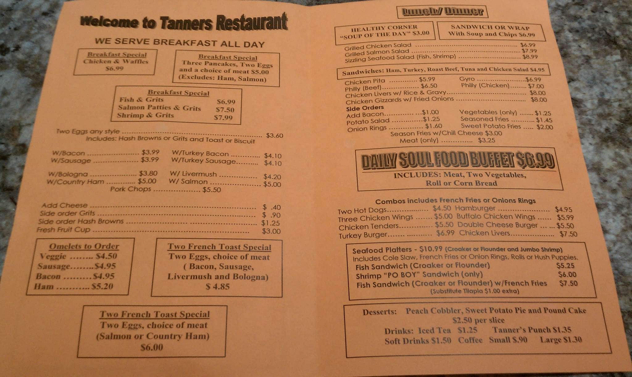 Tanners snack bar Menu, Menu for Tanners snack bar, North Charlotte ...