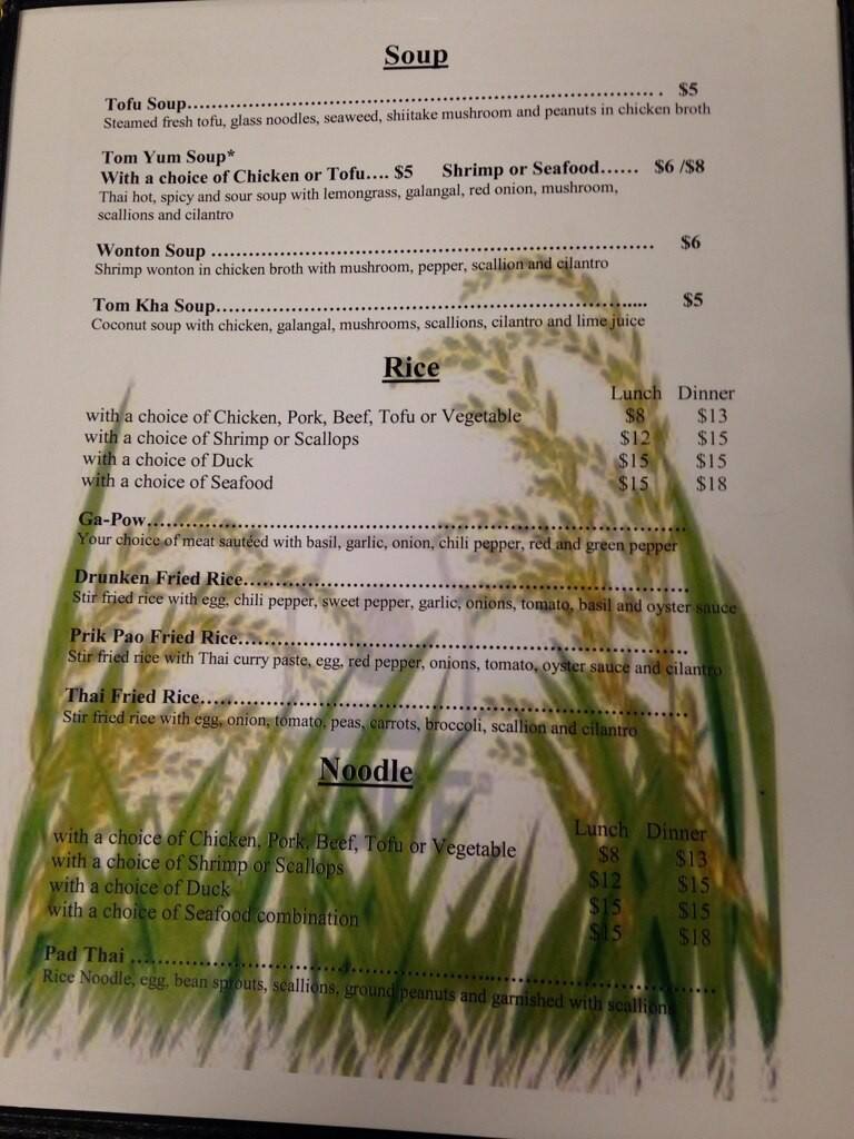 Menu at Jasmine Thai Restaurant, Schenectady