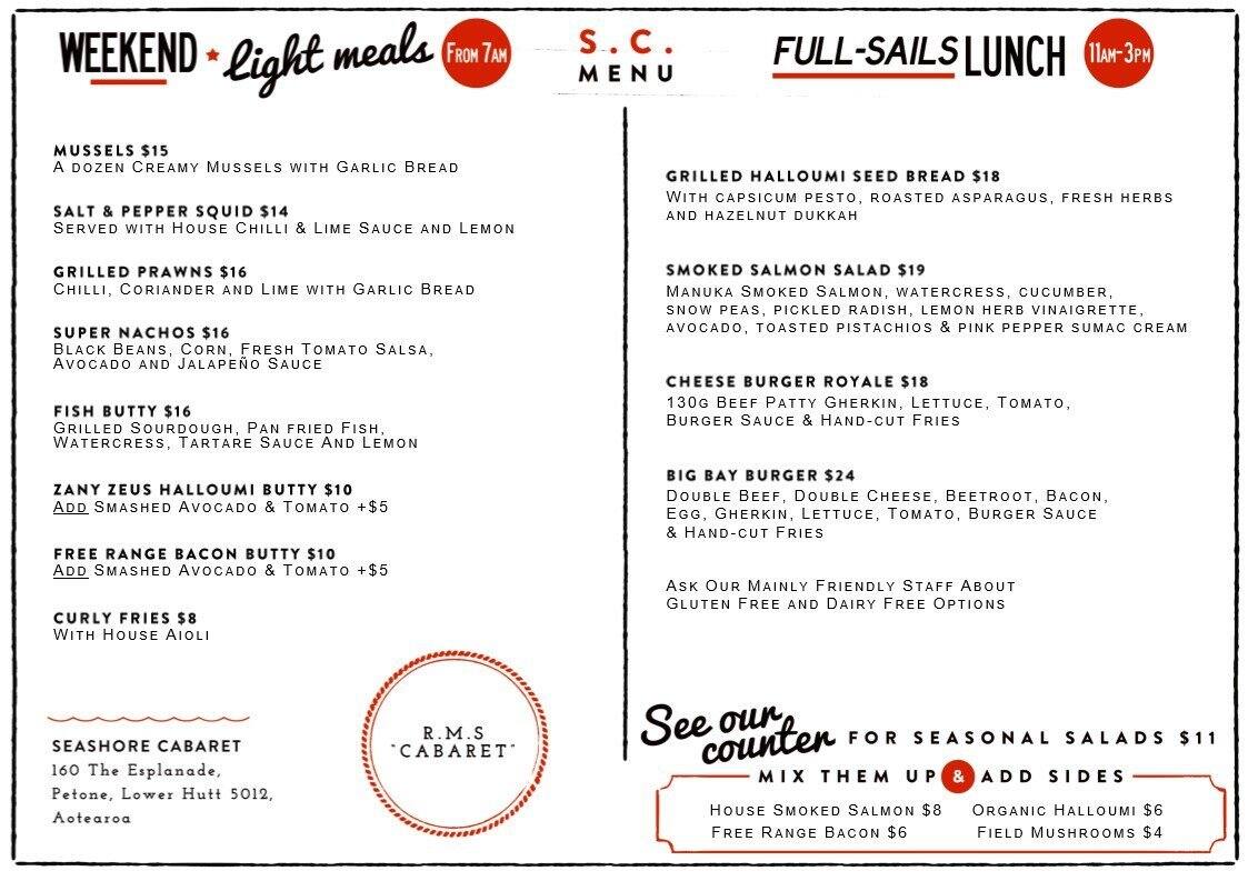 Menu at Seashore Cabaret, Lower Hutt