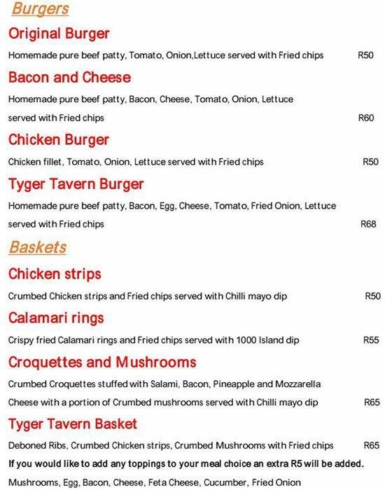 Tyger Tavern Menu, Menu for Tyger Tavern, Bellville, Cape Town - Zomato SA