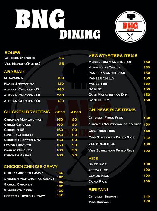 Menu of BNG Dining, BTM, Bangalore