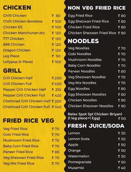 Menu of Relaax Spot, Kalapatti, Coimbatore