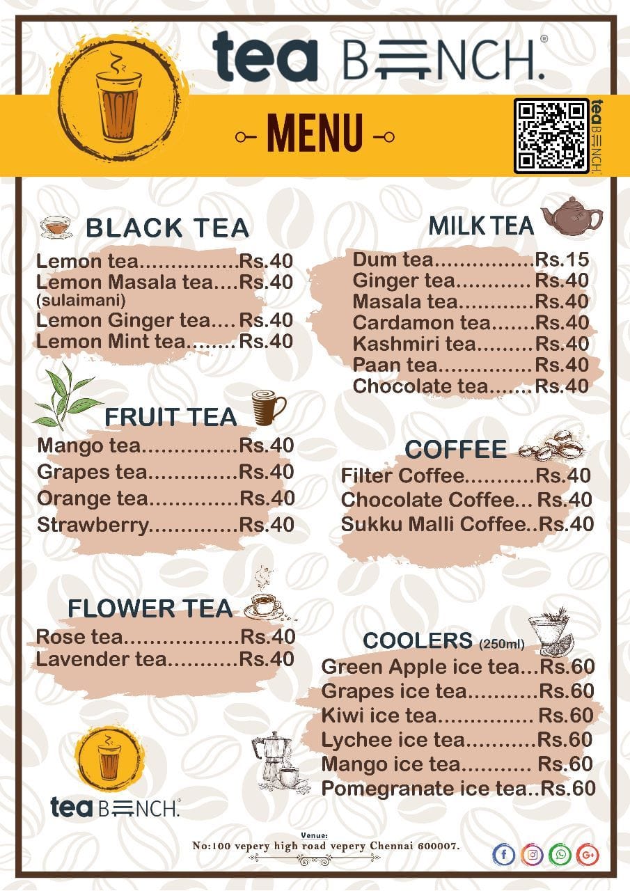 Menu of Tea Bench, Vepery, Chennai