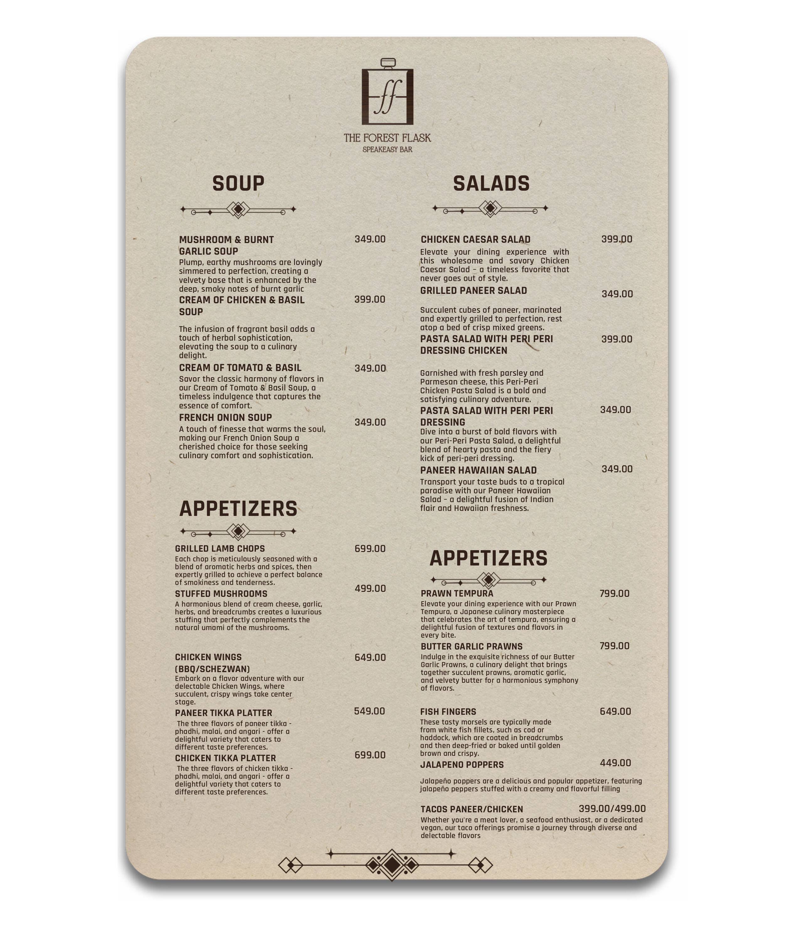 Menu of The Forest Flask, Chandpole, Udaipur