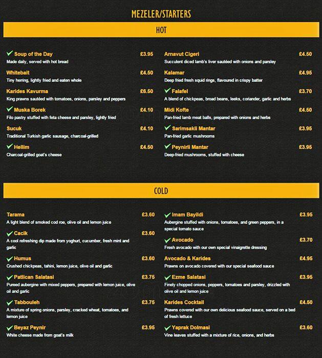 Menu at Cyprus Mangal restaurant, London