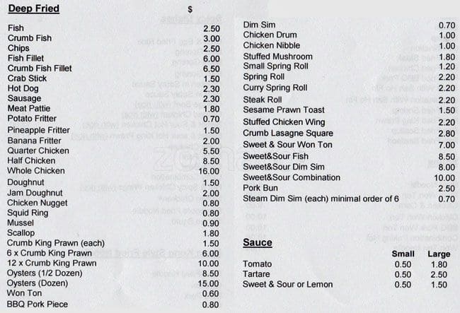 Menu at Great Wall Fast Foods, Lower Hutt