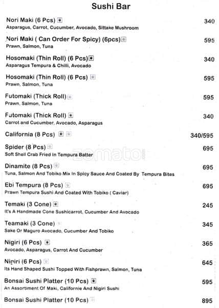 Menu at Bonsai, New Delhi, B-49, Middle Circle