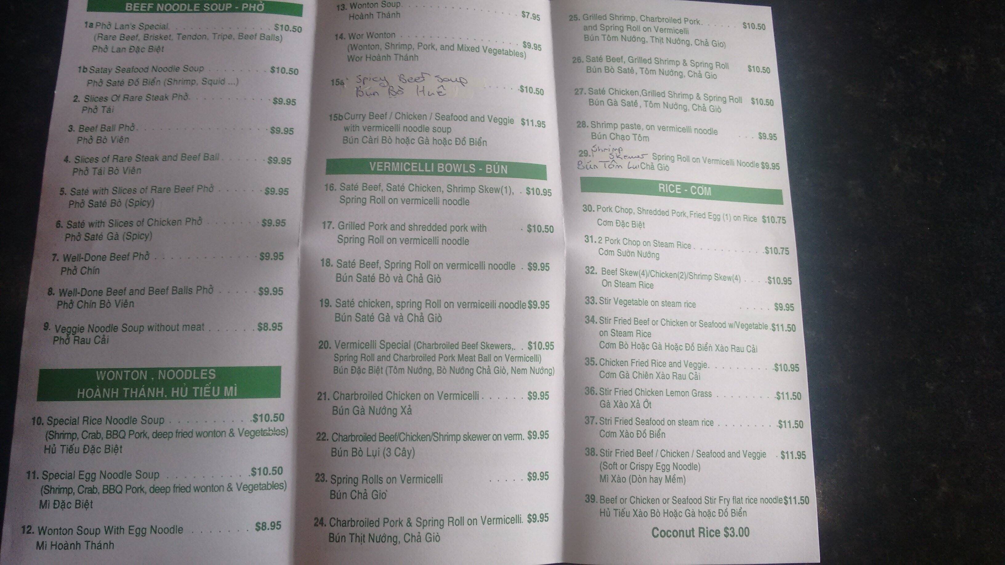 Menu at Pho Lan Restaurant, Chestermere
