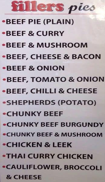 Menu at Fillers Pastries cafe, Kingsbury