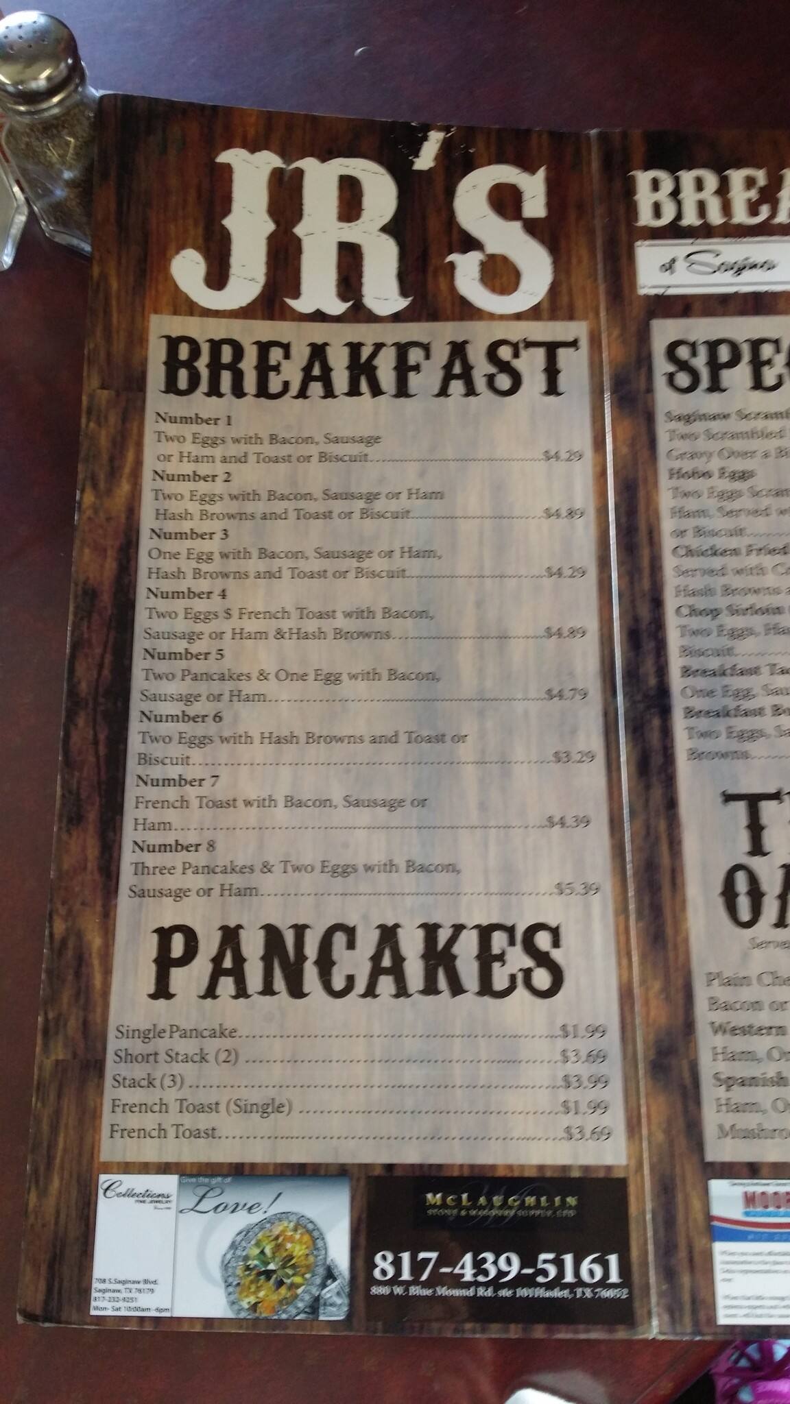 Menu at JR's Cafe, Saginaw