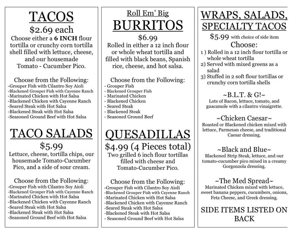 Menu at Taco Spot restaurant, Charleston