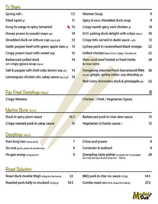 Menu at Mouthful Duck restaurant, Ellenbrook