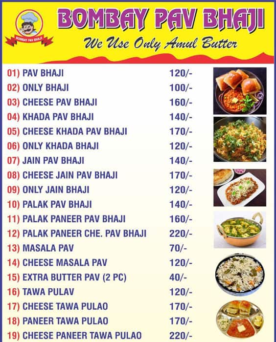 Menu of Bombay Pav Bhaji, Mira Road, Mumbai