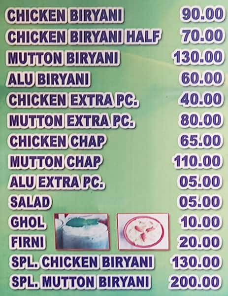 Menu of Arsalan Biryani, Das Naagar, Howrah