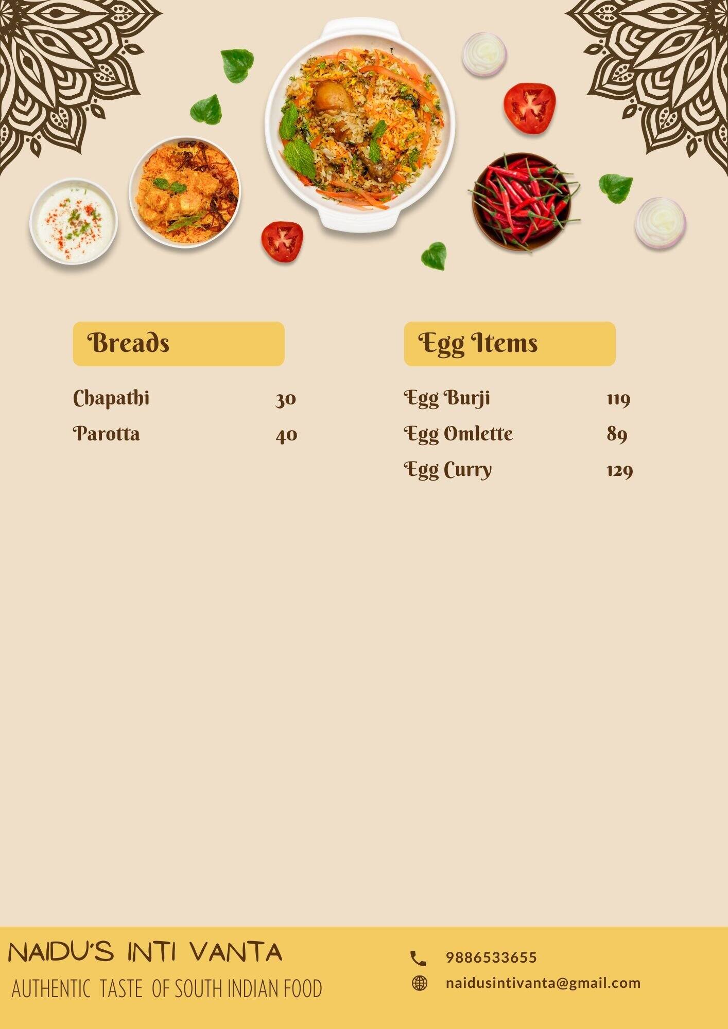 Menu of Naidu's Inti Vanta, Peenya, Bangalore
