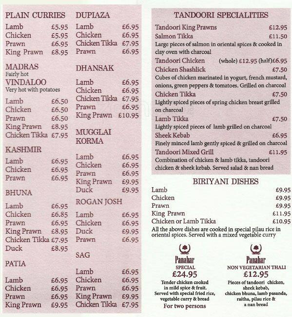 Menu at Panahar Tandoori restaurant, Esher, 124-126 High St