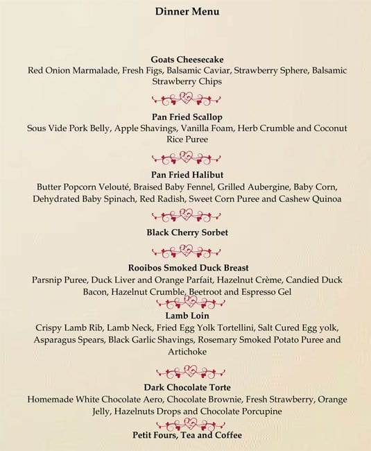 Menu at Budmarsh Country Lodge restaurant, Magaliesburg