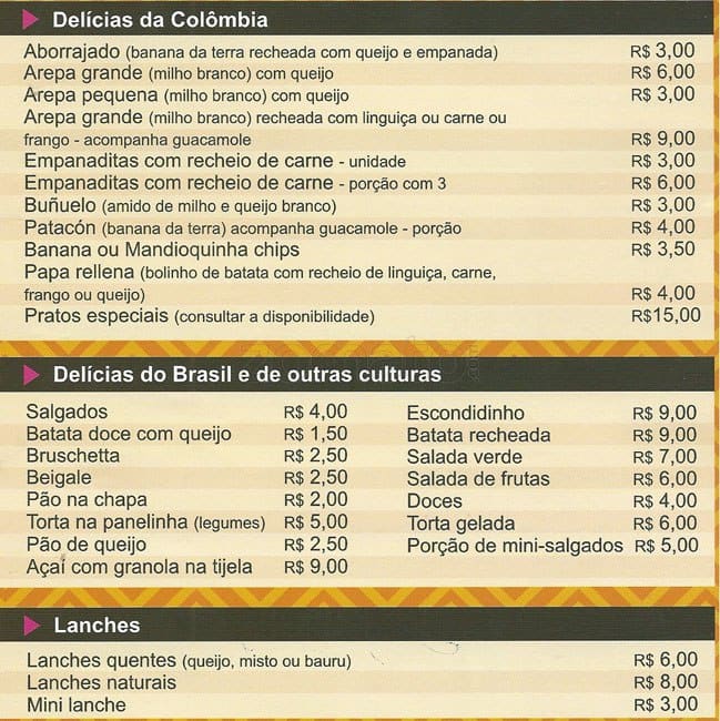 Menu em Café Colombiano, São Paulo, Rua Três Rios