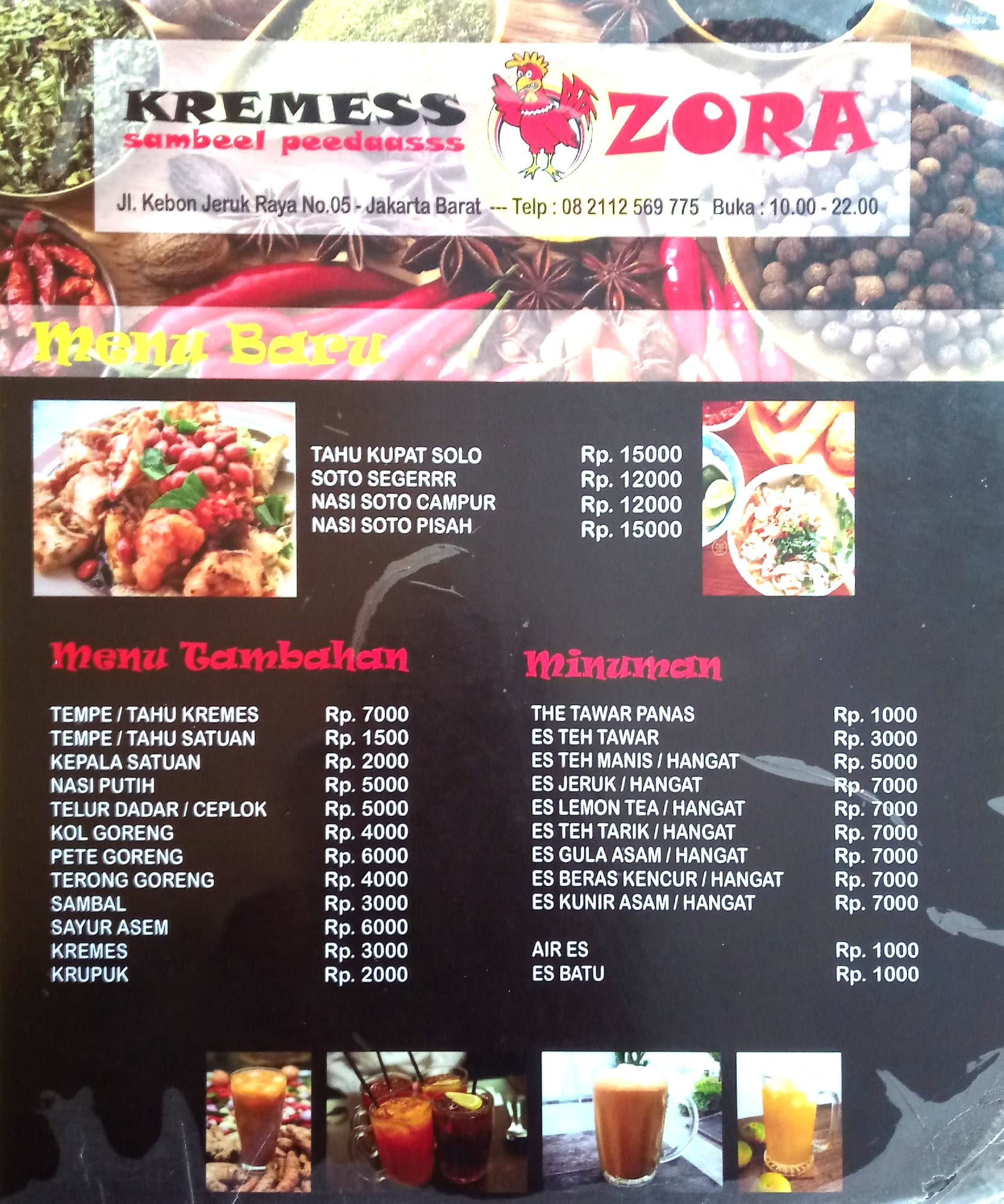 Menu at Ayam kremes Zora restaurant, West Jakarta, Jl. Raya Kb. Jeruk ...