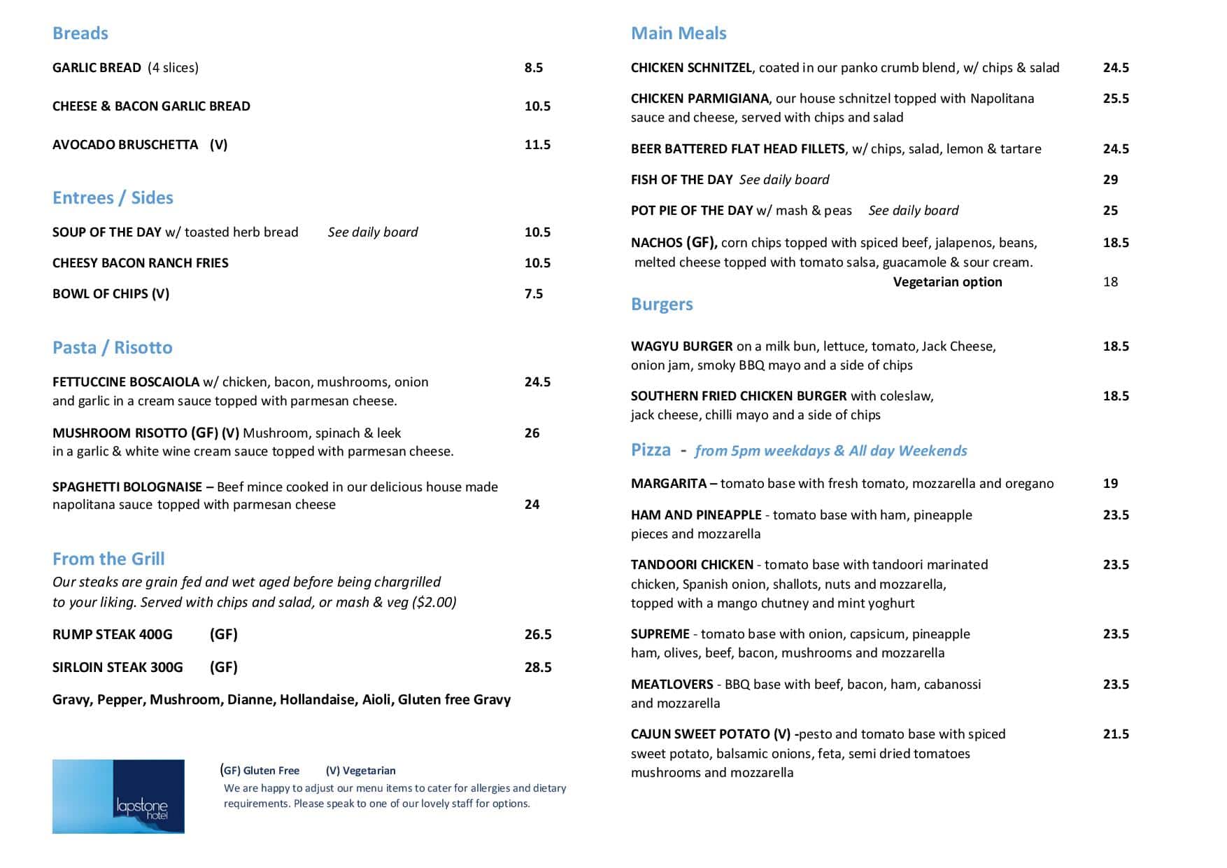 Menu at Lapstone Hotel pub & bar, Blaxland