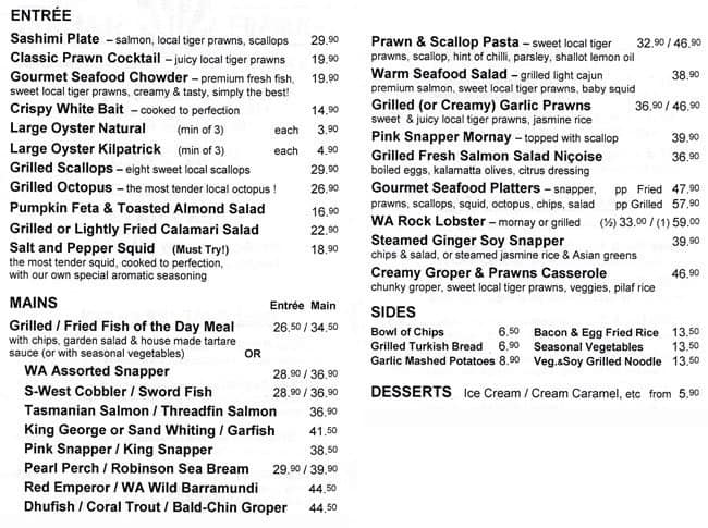 Gourmet Seafood Menu, Menu for Gourmet Seafood, Mount Hawthorn, Perth ...