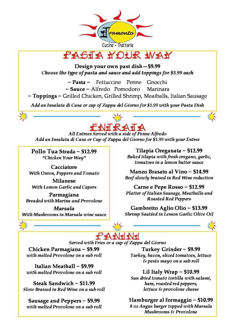 Menu at Tramonto restaurant, Sunrise