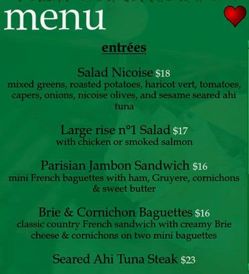 Menu at rise pub & bar, Dallas